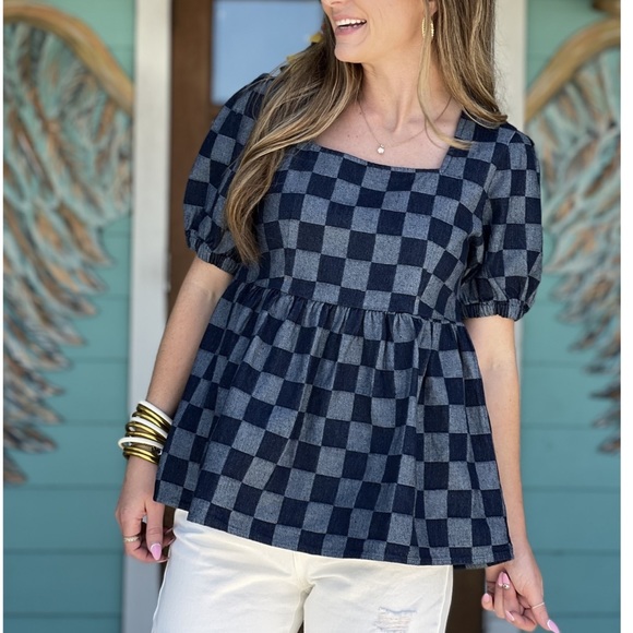 entro | Tops | Nwt Denim Checkered Puff Sleeve Blouse | Poshmark